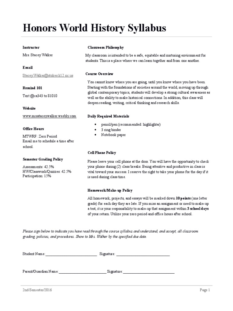 Honors World History Syllabus Overview | PDF