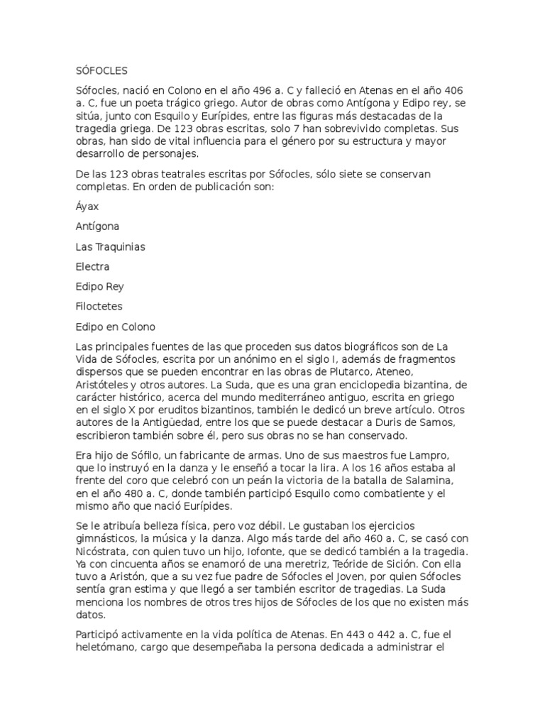 Biografía de Sófocles | PDF | Sófocles | Antigua Grecia
