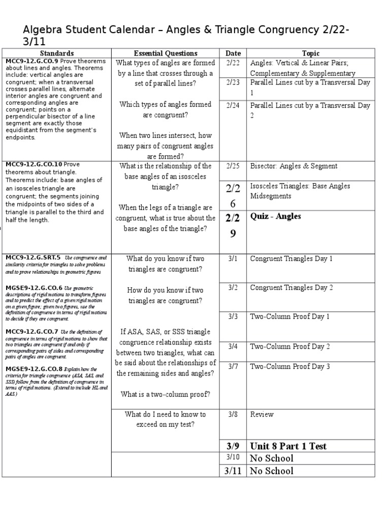 Algebra Calendar: Angles & Triangles | PDF | Science & Mathematics ...