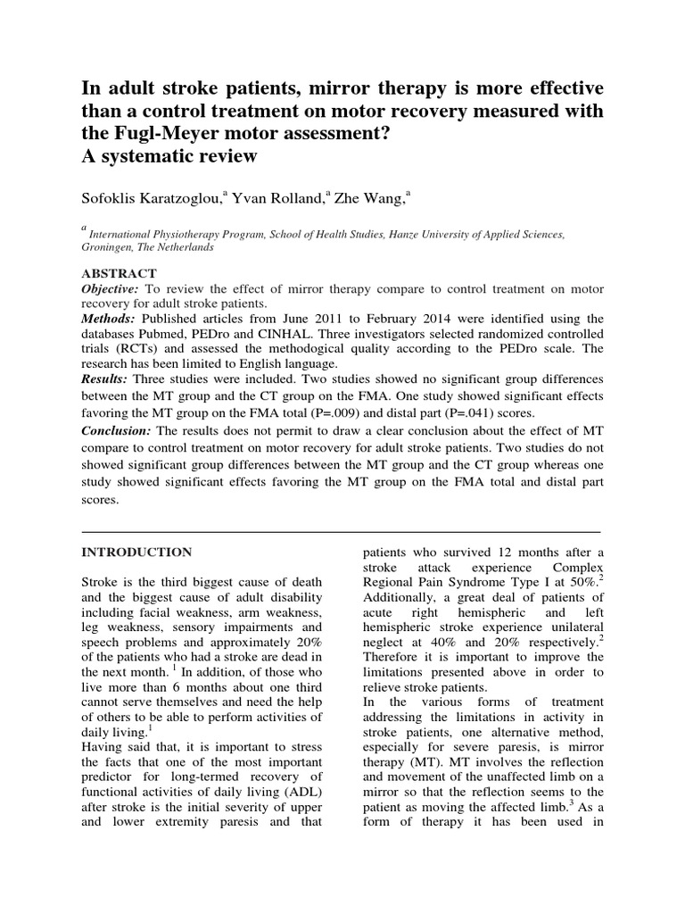Review Article in Adult Stroke Patients, Mirror Therapy Is More Effective Than A Control ...