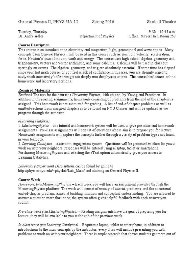 General Physics II Syllabus | PDF | Homework | Test (Assessment)