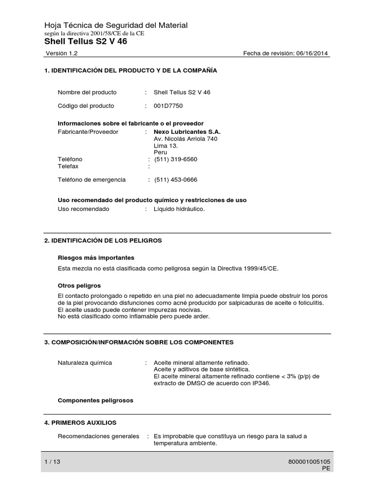 Msds Shell Tellus s2 V 46 | PDF | Herida | Residuos
