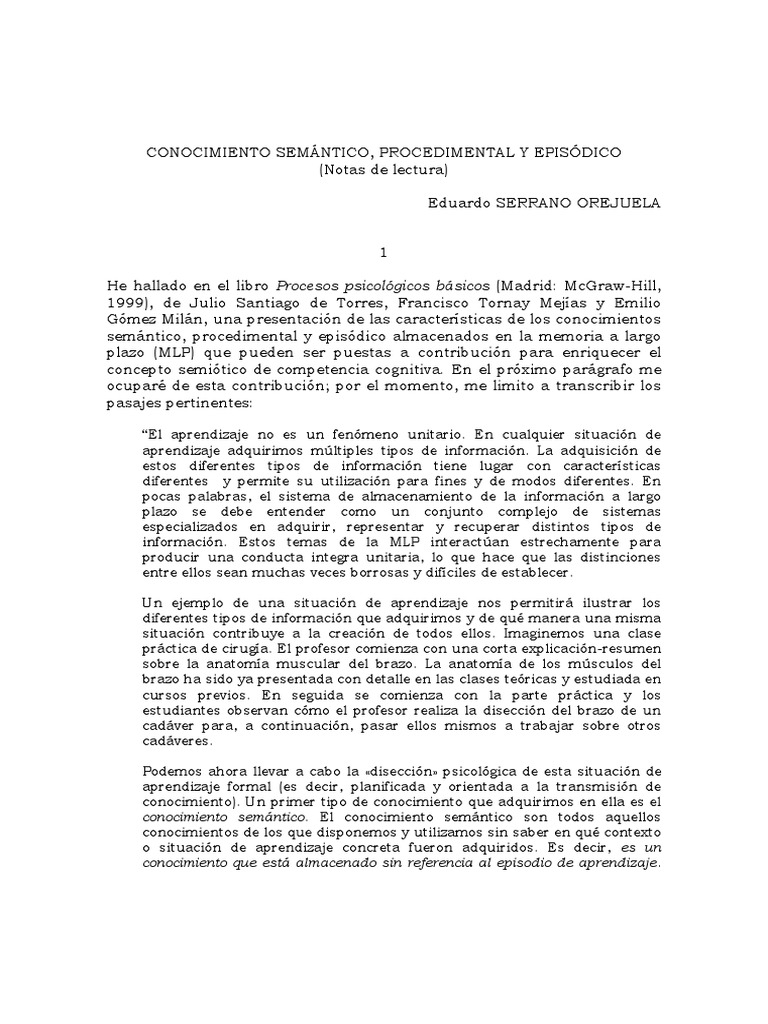 Conocimiento Semantico Procedimental y e | PDF | Conocimiento | Memoria