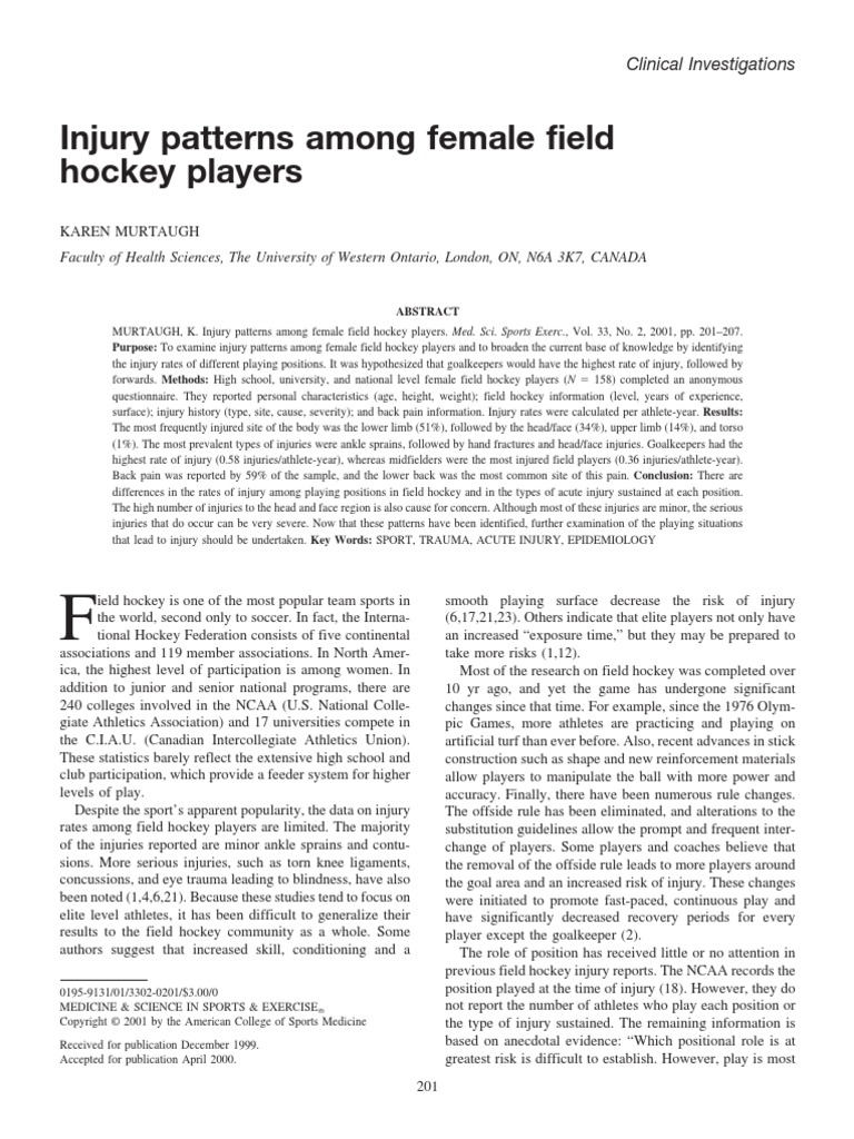 Injury Patterns Among Female Field Hockey Players | Download Free PDF ...