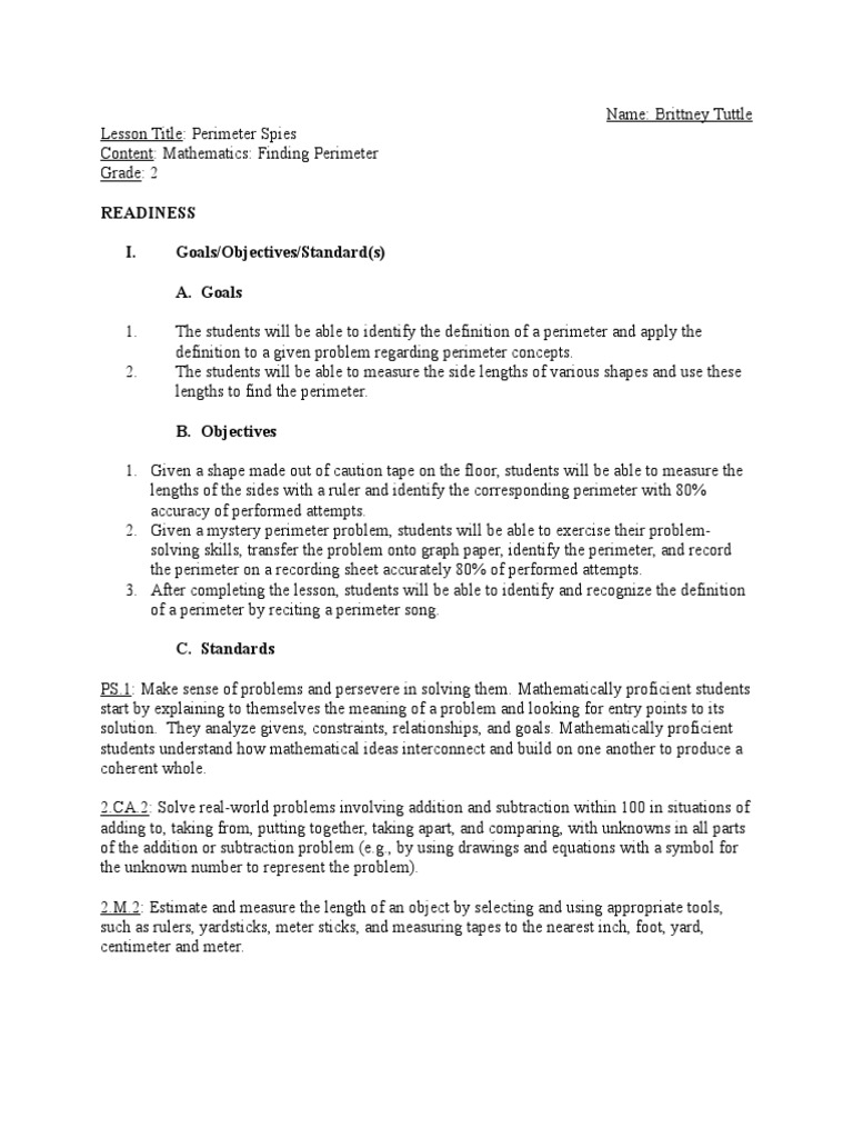 Math Lesson Plan - Finding Perimeter | PDF | Educational Assessment ...