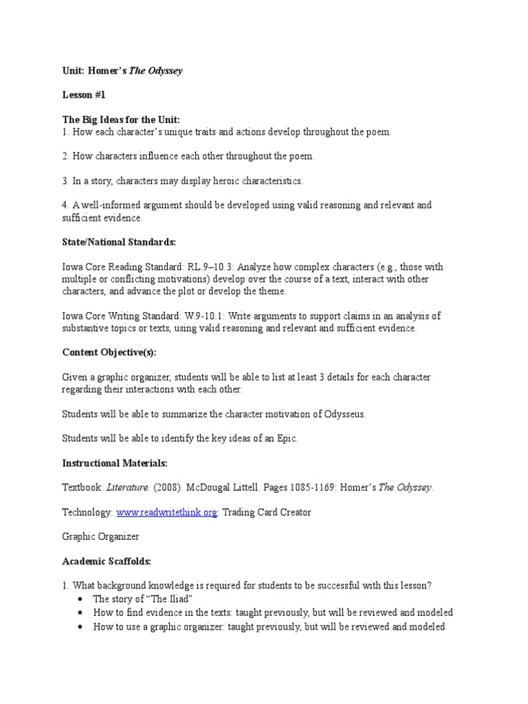 Odyssey Unit Plan: Character Analysis | PDF | Odyssey | Odysseus