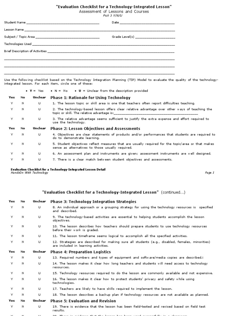 Evaluation Checklist For Technology Integrated Lesson | PDF ...