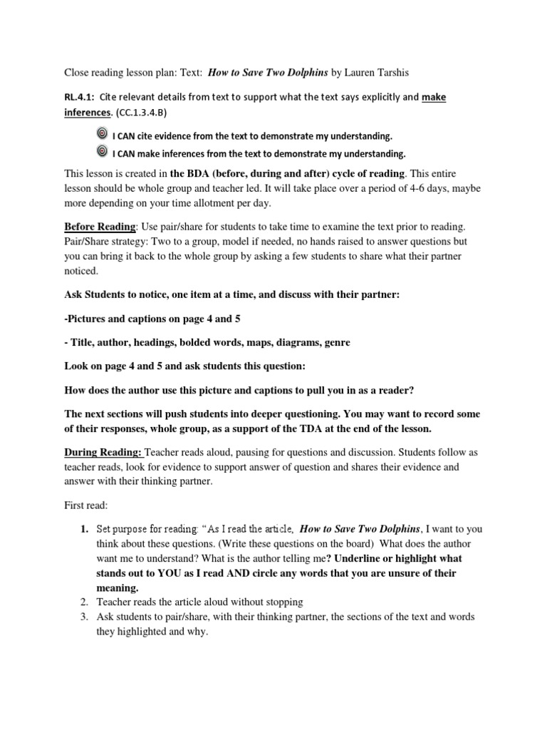 Close Reading: Saving Dolphins Lesson | PDF | Lesson Plan | Reading ...