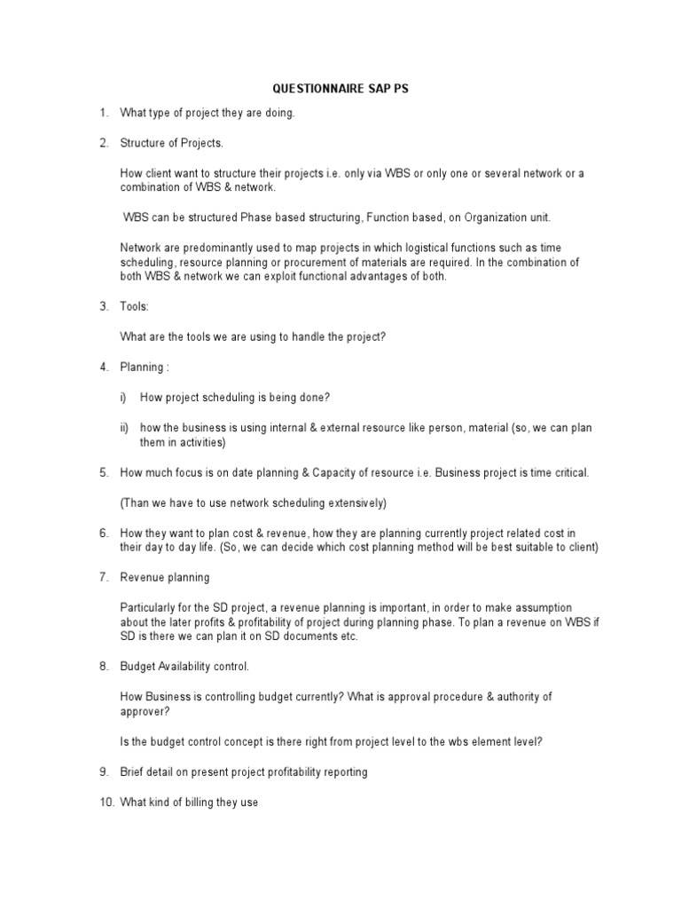 Questionnaire Sap Ps | PDF