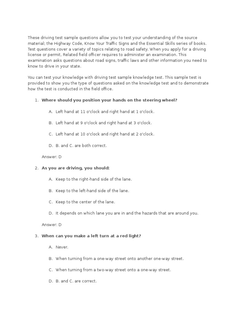 Driving Test Sample Questions and Answers | PDF | Traffic | Traffic Light