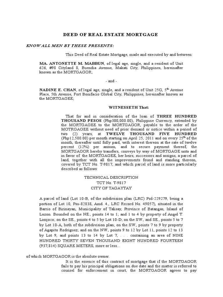 Deed of Real Estate Mortgage | PDF | Mortgage Law | Land Law