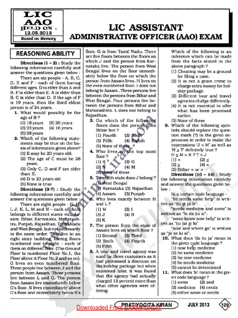 LIC AAO Exam 2013 Solved Previous Year Question Paper | PDF | Reserve ...
