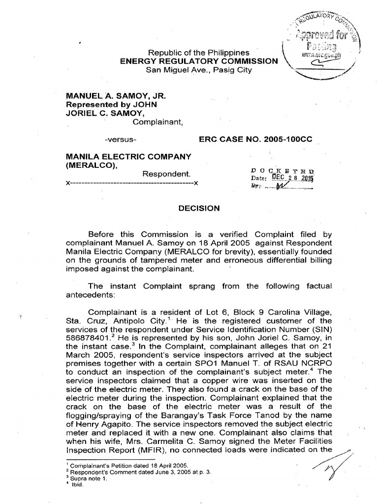 ERC Case No. 2005-100CC - Samoy Vs Meralco | PDF | Government | Justice