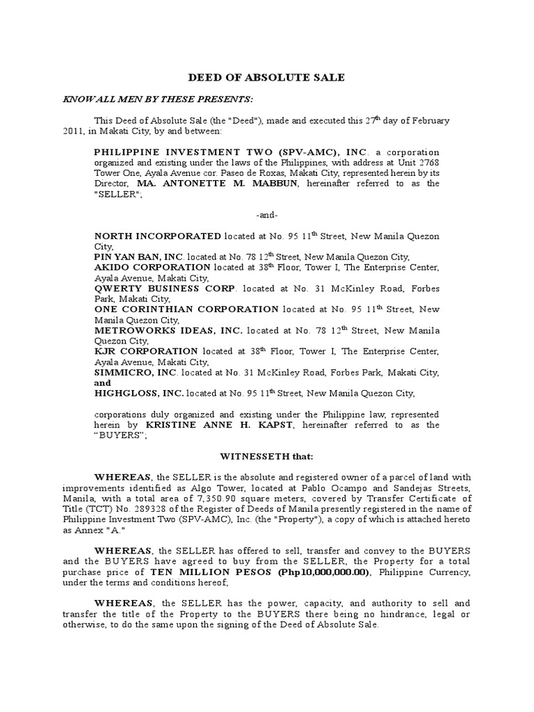 Deed of Absolute Sale | PDF | Makati | Deed