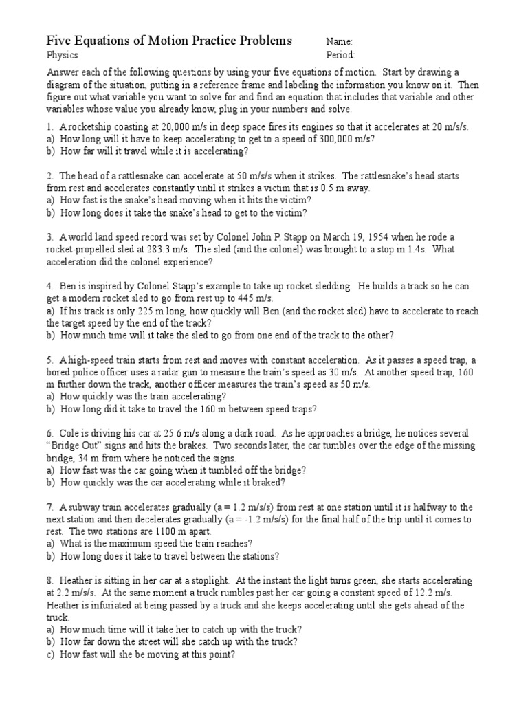 Motion Practice Problems | PDF | Acceleration | Variable (Mathematics)