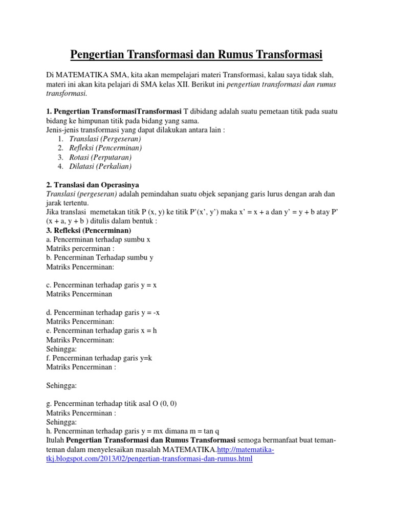 Pengertian Transformasi Dan Rumus Transformasi | PDF