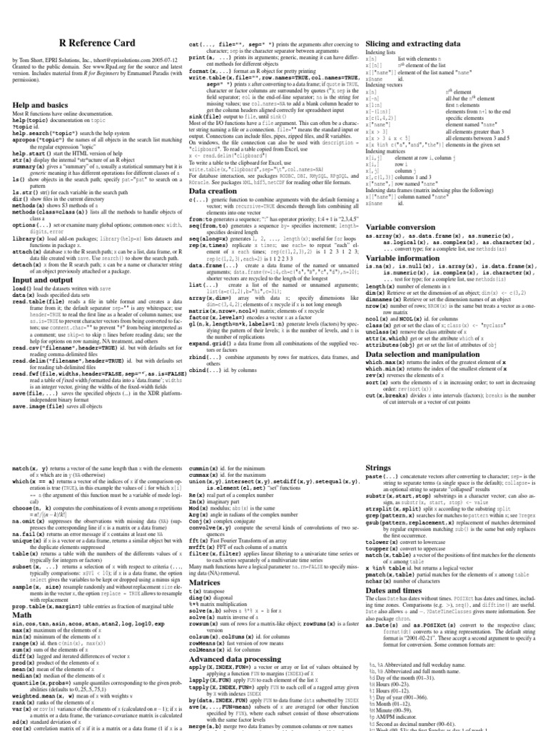 R Reference Card | PDF | Covariance Matrix | Matrix (Mathematics)