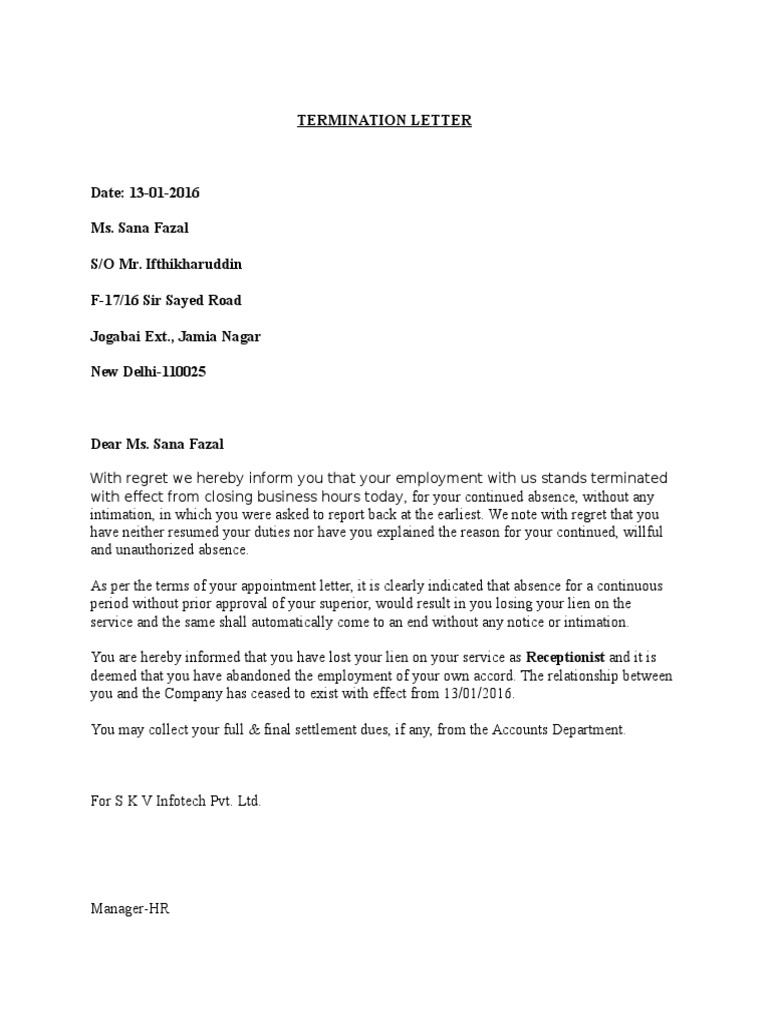 Termination Letter | PDF | Career & Growth | Finance & Money Management