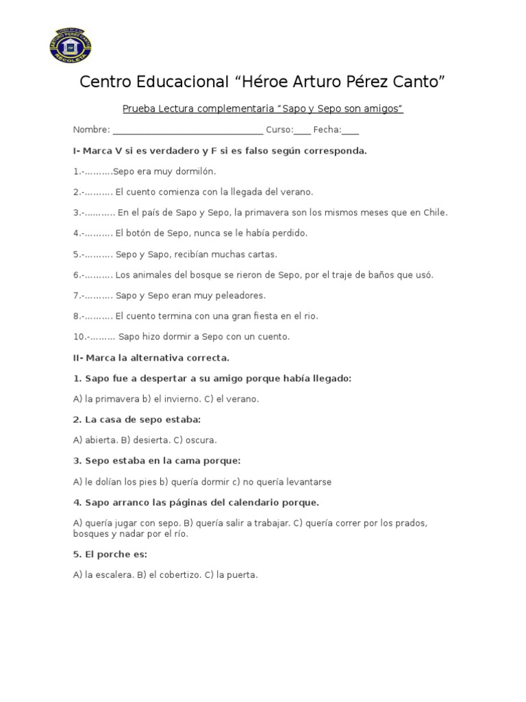 Prueba Sapo y Sepo Son Amigos | PDF