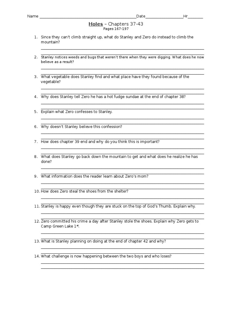 Holes Chapters 37-43 Study Guide | PDF | Sports & Recreation