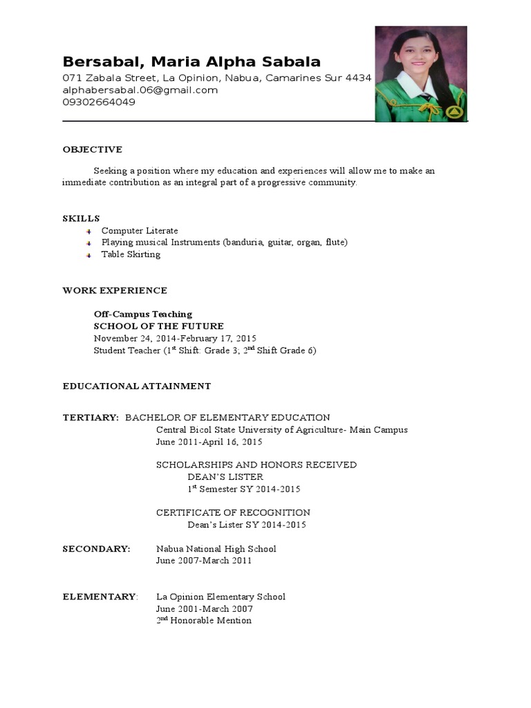Fresh Graduate Teacher Resume Sample | PDF | Teachers | Behavior ...