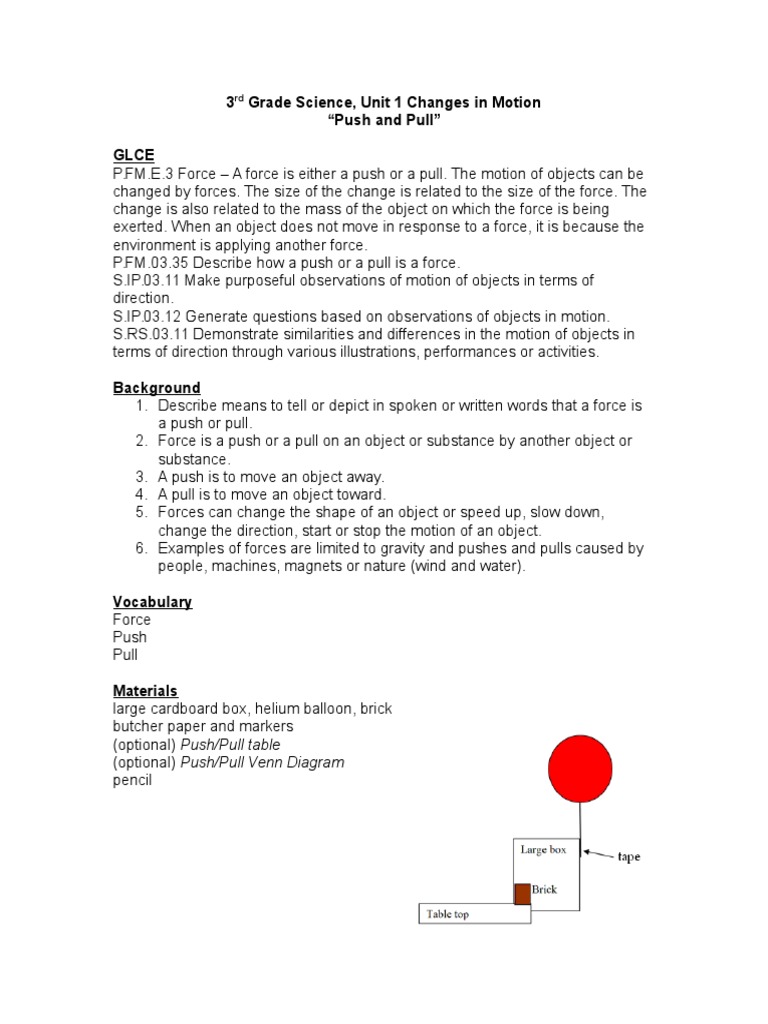 Push and Pull Concepts for Grade 3 | PDF | Balloon | Force