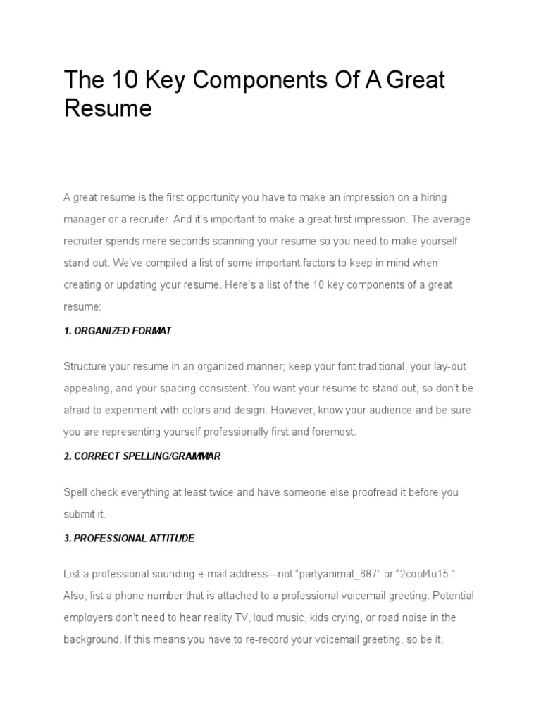 The 10 Key Components of A Great Resume: 1. Organized Format | PDF ...