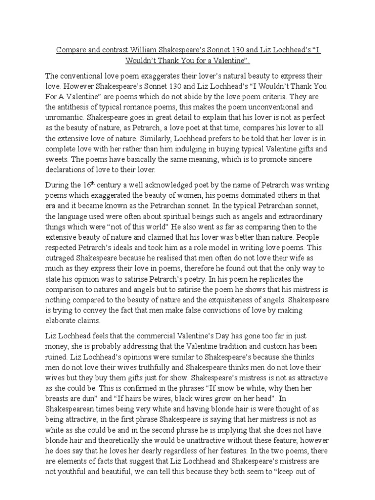 Compare and Contrast William Shakespeare's Sonnet 130 and Liz Lochhead ...