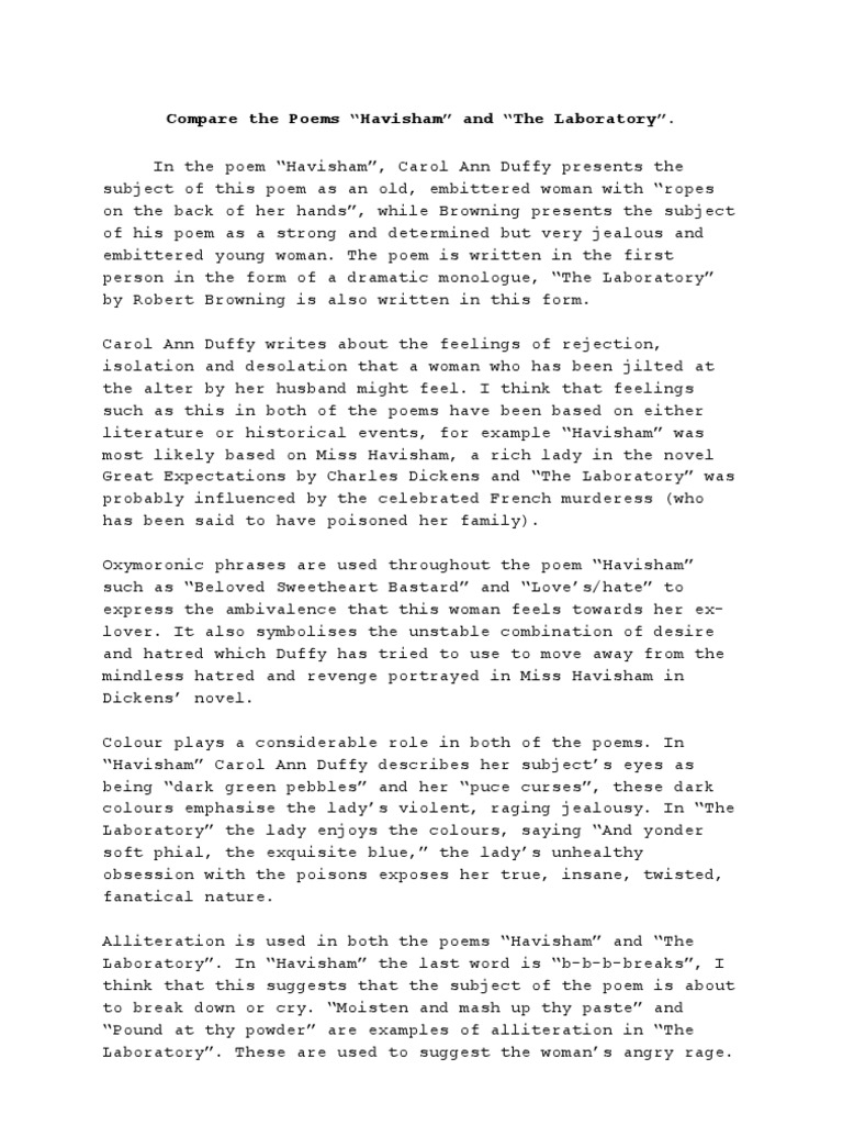 Compare The Poems Havisham and The Laboratory | PDF | Great Expectations | Poetry