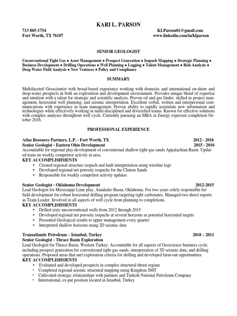 Senior Geologist Business Development in Houston TX Resume Kari Parson ...