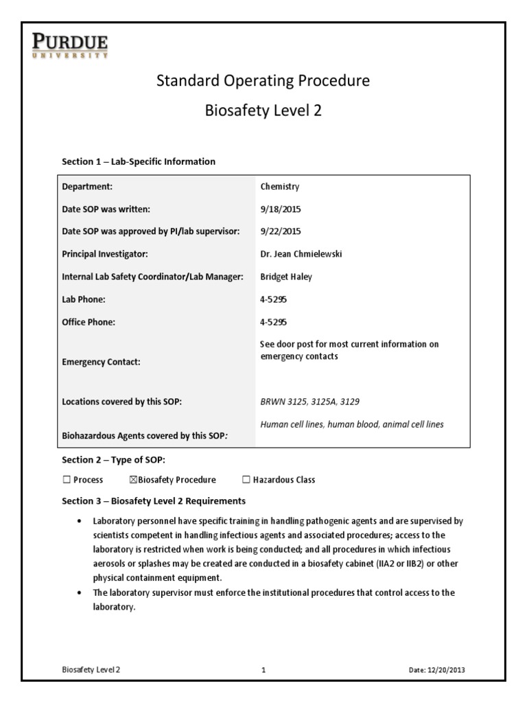 Sop BSL Ii | PDF | Laboratories | Personal Protective Equipment