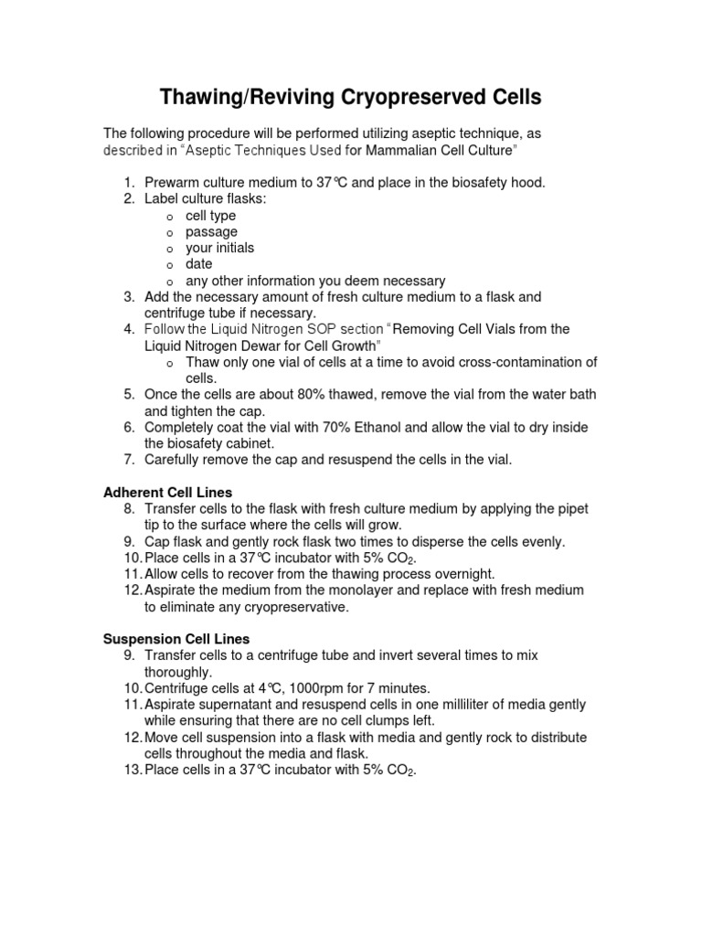 Thawing/Reviving Cryopreserved Cells: Adherent Cell Lines | PDF