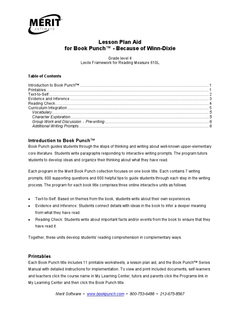 Because of Winn-Dixie Lesson Plan | PDF | Lesson Plan | Reading ...