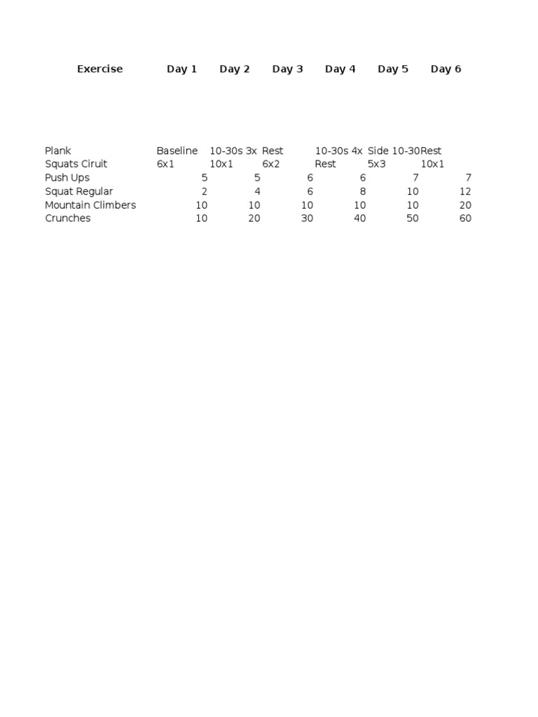 Exercise Day 1 Day 2 Day 3 Day 4 Day 5 Day 6 | PDF