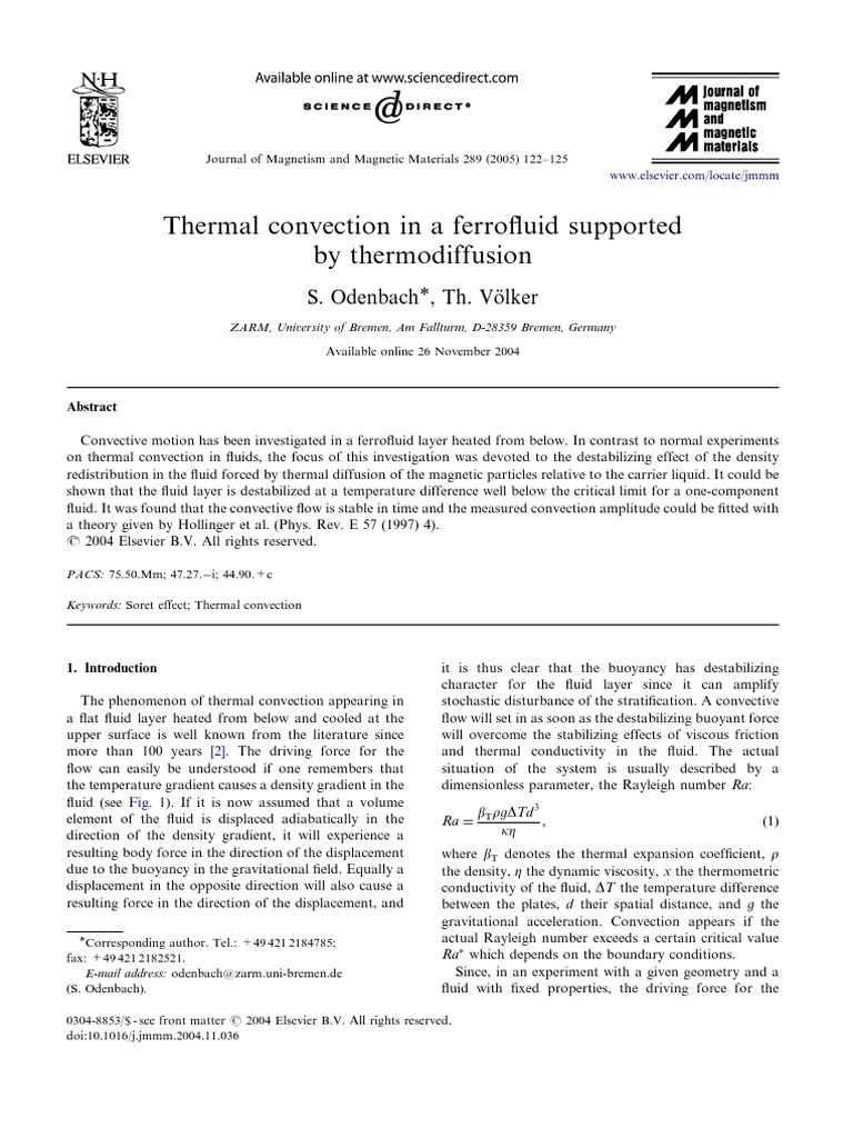 Thermal Convection in A Ferrofluid Supported by Thermodiffusion - Odenbach (2005) | PDF ...