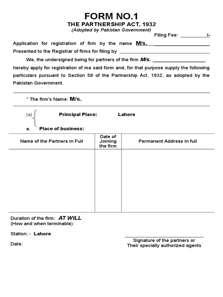 Partnership Registration Form Pakistan | PDF