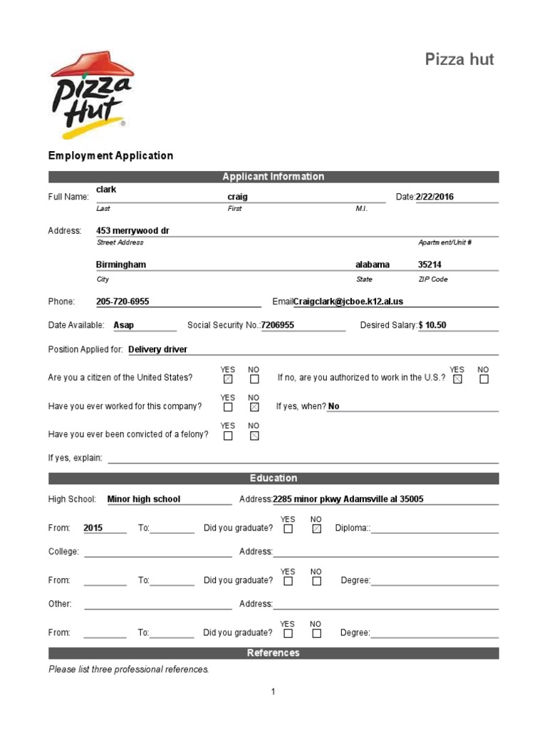 Pizza Hut Employment Application Form | PDF