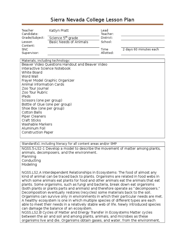 5th Grade Science Lesson Plan: Animal Needs | PDF | Educational ...