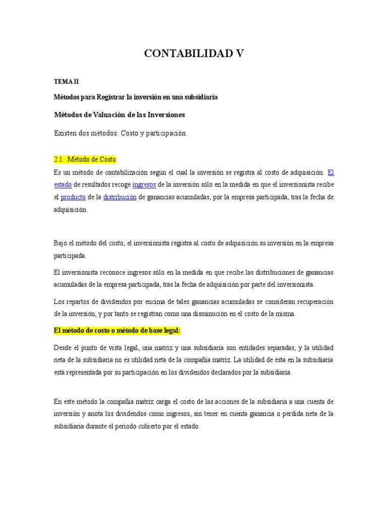 Contabilidad V Tema II Metodo para Registrar La Inversion 1 | PDF ...