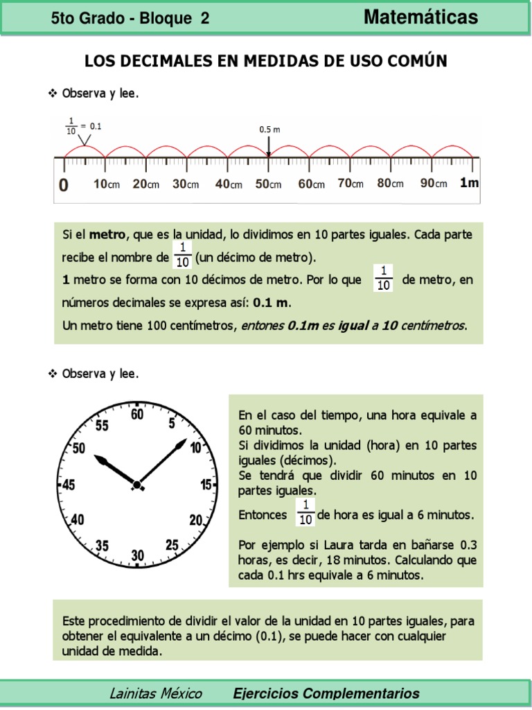 5to Grado - Matemáticas - Los Decimales en Medidas de Uso Común | PDF