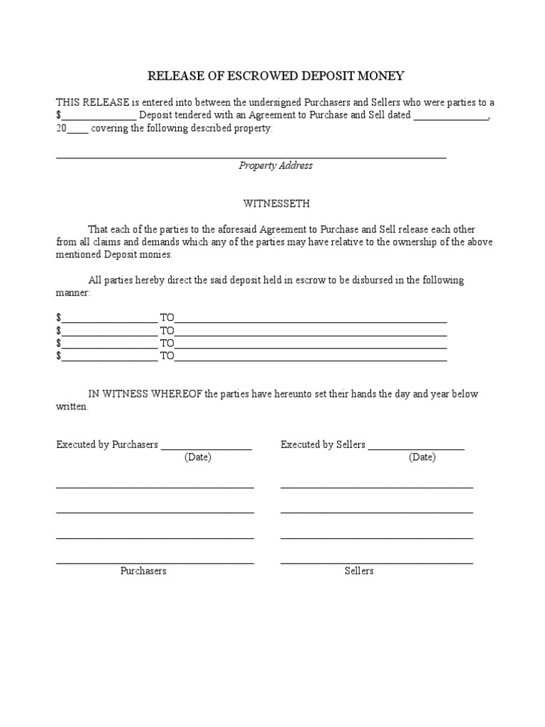 Release of Escrowed Deposit Money: Property Address | PDF