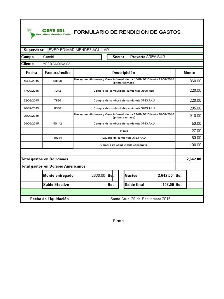 Formulario de Rendición de Gastos 29-09-2015 | PDF