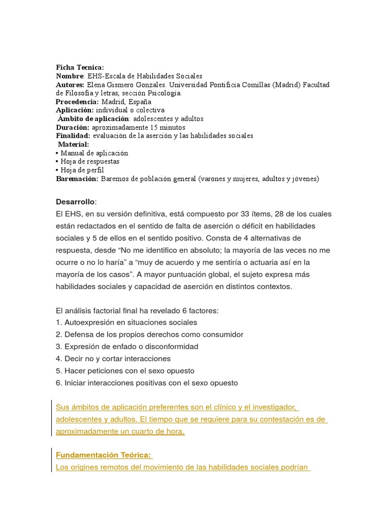 Ficha Tecnica de EHS | PDF | Adultos | Habilidades sociales