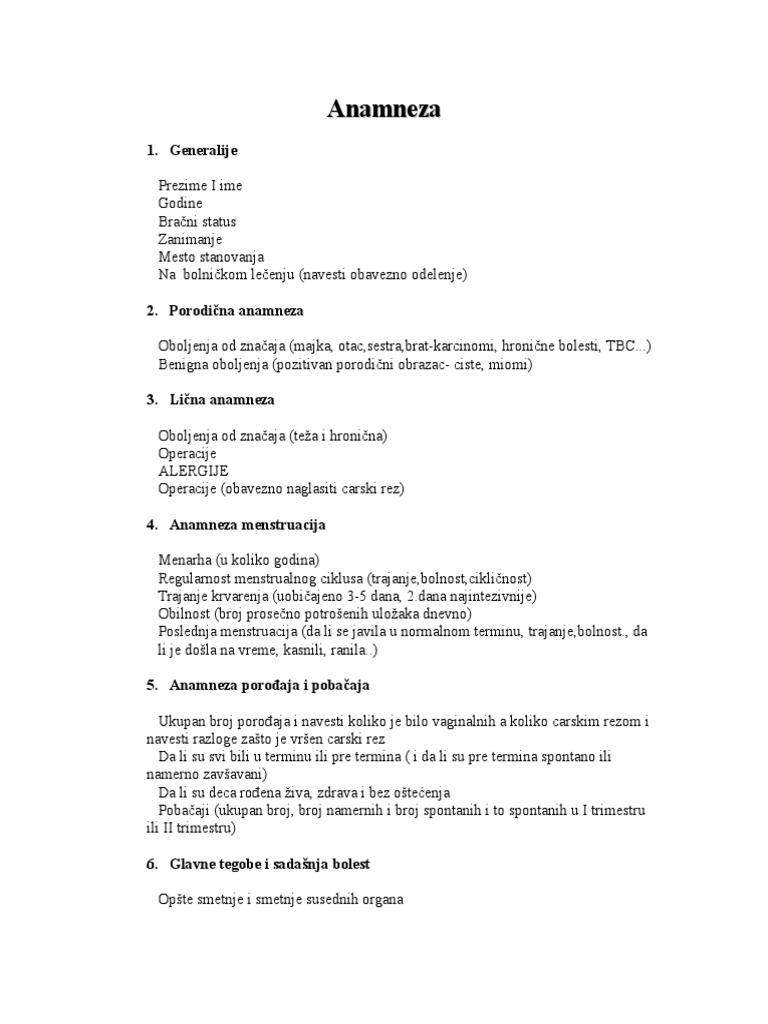 Anamneza I Status - Ginekologija | PDF