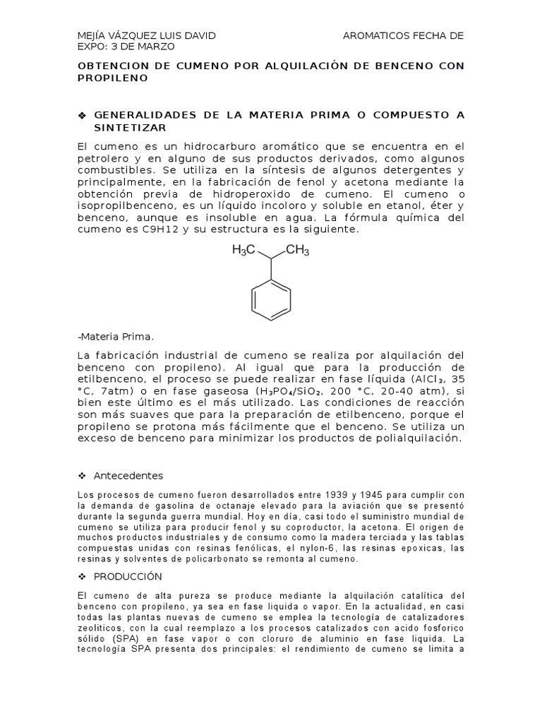 Obtención de Cumeno por Alquilación | PDF | Catálisis | Benceno