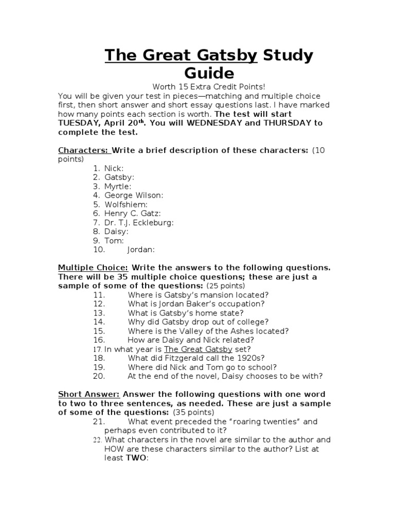 Study Guide For The Great Gatsby | PDF | The Great Gatsby