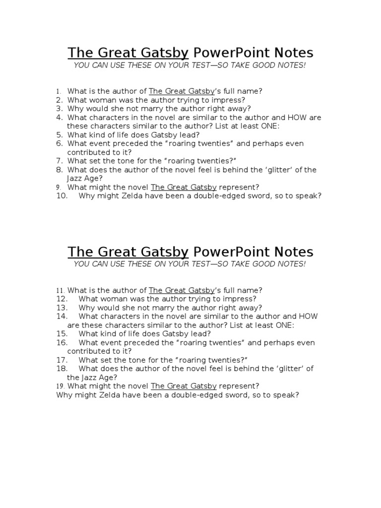 The Great Gatsby Power Point Notes | PDF