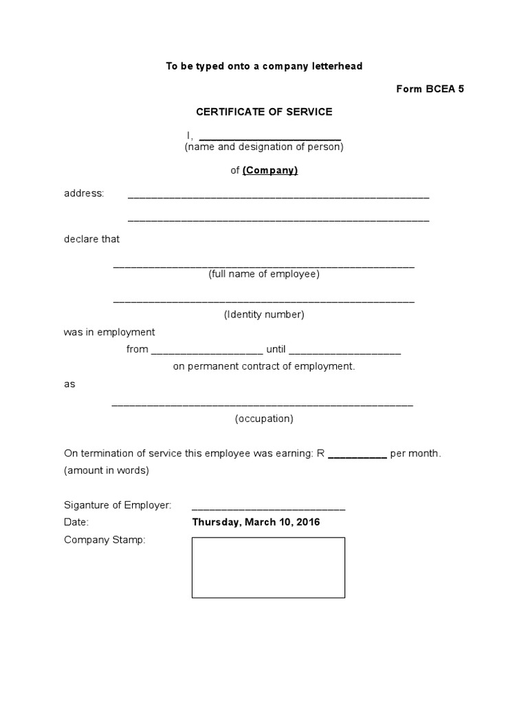 To Be Typed Onto A Company Letterhead Form BCEA 5 Certificate of Service | PDF