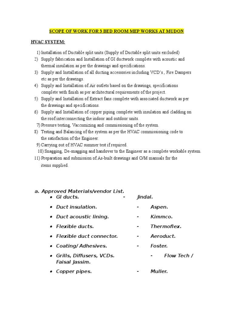 Scope of Work For 3 Bed Room Mep Works at Mudon Hvac System | PDF