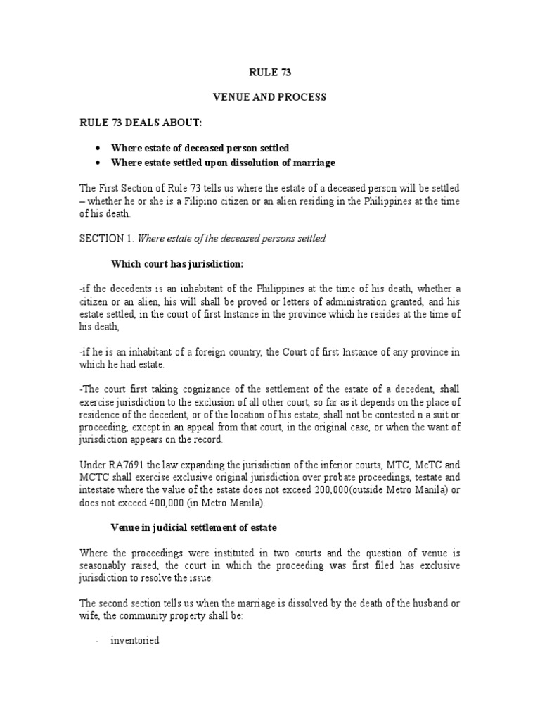 Rule 73 Venue and Process Rule 73 Deals About: Where Estate of Deceased ...